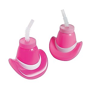Fun Express Set of 12 Pieces Pink Cowgirl Hat Cups with Straws, Holds 14 oz, 4" with 7.5" Straw, BPA Free Plastic, Cowboy Western Party Supplies, Pink & White