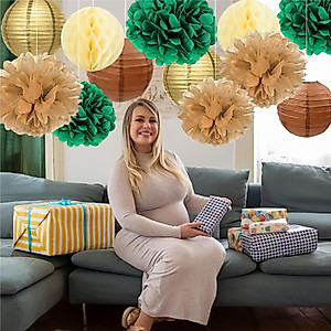 HappyField Woodland Animals Birthday Party Decorations Woodland Animals Baby Shower Decorations for Boy or Girl Rustic Gold Green Tan Brown Tissue Poms Paper Lanterns Gender Neutral Baby Shower Decor