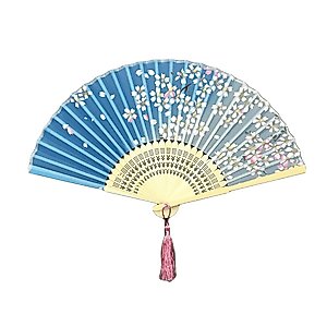 Fashion Hand Fan Folding Hand Fans for Women Floral Folding Hand Fans with Fabric Sleeve Chinese Japanese Vintage Bamboo Silk Fans for Dance Folding Fan Decorative Vintage style ( Color : Blue B )