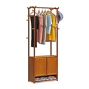 MoNiBloom Bamboo Free Standing Closet Organizer and Shoe Shelves, Clothing Rack with 1 Shelf, 1 Hanging Rods, 8 Hooks & Storage Cabinet for Bedroom Living Room, Brown
