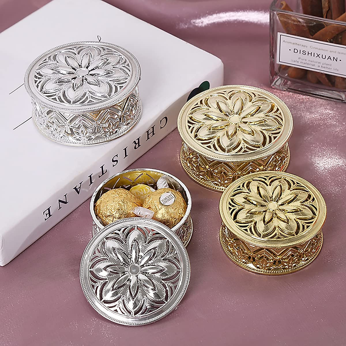 Kukiwhy 12 PCS Gold Silver Round Candy Boxes,Wedding Favor Boxes Candy Hollow Jars Candy Storage Boxes Gift Boxes for Wedding Baby Shower Christmas Birthday Party