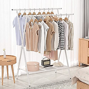 Laiensia Double Rods Clothing Racks, Portable Clothing Hanging Garment Rack with Bottom Oxford Cloth Shelves, White