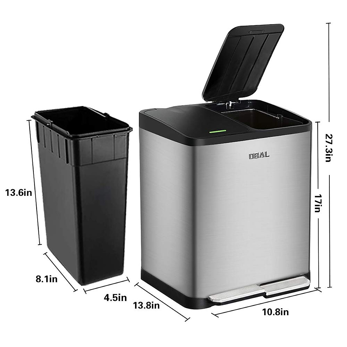 DBAL Trash Can Kitchen, 18 Liter Stainless Steel Trash Can 2 x 2.4 Gallon Soft Close Lid and Airtight Suit for Kitchen Office Home Use