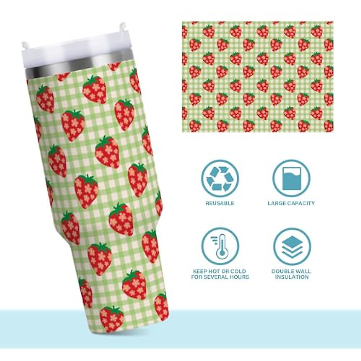 Green Gingham Strawberry Daisy Tumbler with Handle and Straw Lid, 30 oz Insulated Coffee Cup Stainless Steel Water Bottle Travel Mug Cupholder Friendly,Gifts for Women Men