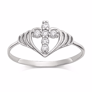 Savlano 18K White Gold Plated Round Cut Cubic Zirconia Vertical Cross in Heart Band Ring Women Religious Ring (6)