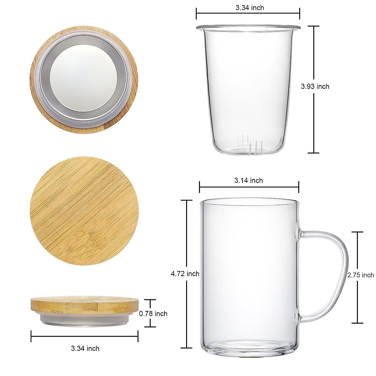 Lezero Glass Tea Infuser Cups with Removable Strainer and Bamboo Lid, Borosilicate Glass Tea Mugs for Blooming Tea & Loose Leaf Tea, Microwave & Dishwasher Safe, LEAD-FREE, 15oz/450ml