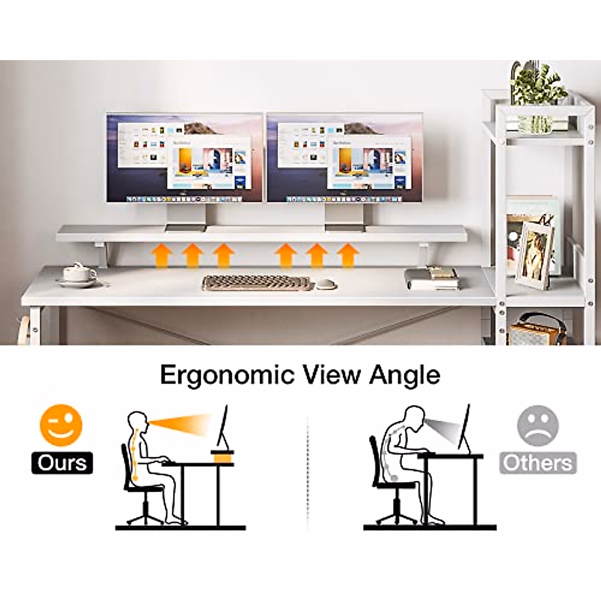 ODK Computer Desk with Storage Shelves and Monitor Stand, 55 Inch Writing Desk with Bookshelf, Reversible Study Table for Home Office, Small Space Bedroom, White