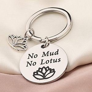BEKECH Inspirational Yoga Keychain No Mud No Lotus Keychain Lotus Flower Yoga Jewelry Yogi Gift Yoga Lover Gift (silver)