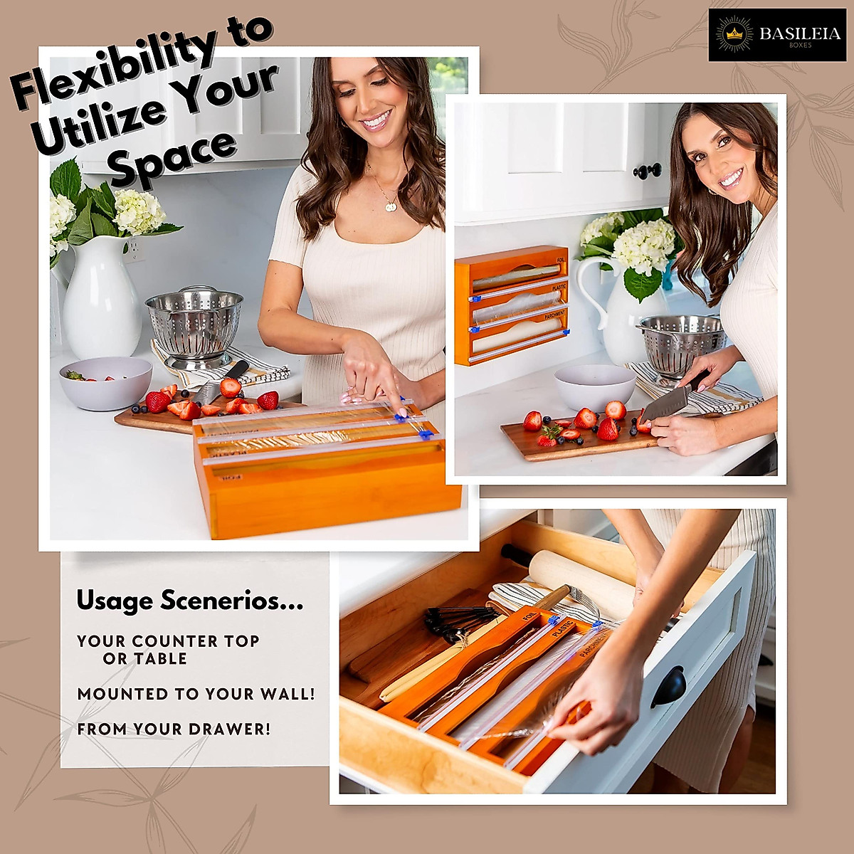 BASILEIA 3 in 1 Plastic Wrap Dispenser with Cutter - Bamboo Foil Organizer with 2 Extra Cutters & 24 Label for Cling Wrap, Aluminum Foil, Wax & Parchment Paper-Rolls up to 12"