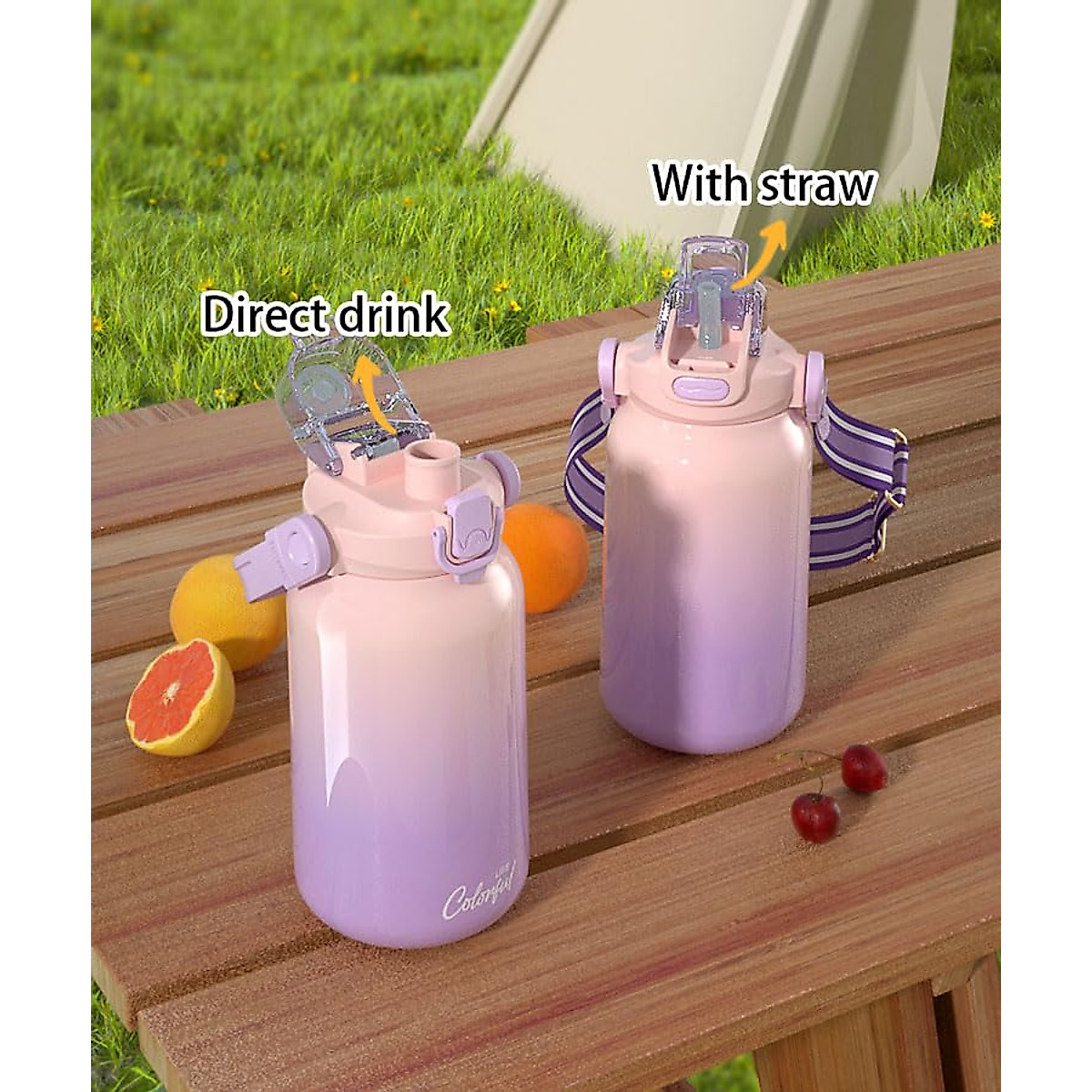 Colorful Insulated Multi-Use Water Bottle Playmaker Sport Jug Handle/Carry Strap & Leak Resistant 32oz BPA Free Straw & Wide Mouth Covered Lid Flask Gym Travel Sports Daily Use School