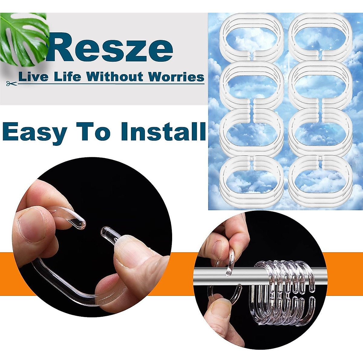 Resze 24 PCS Shower Curtain Rings, Plastic Clear Shower Curtain Hooks, C-Shaped Rings Hook Hanger Bathroom Shower Window Rod