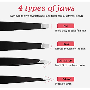 Eyebrow Tweezers, 4 Pack Stainless Steel Slant Tweezer Set and Pointed Hair Removal Tweezers, Precision Tweezers for Ingrown Hair, Eyebrows Plucking, Daily Beauty Tool for Women and Men (Black4)