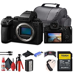 Panasonic Lumix S5 IIX Mirrorless Camera (DC-S5M2XBODY) + 64GB Memory Card + Card Reader + Case + Flex Tripod + Cleaning Kit + Memory Wallet + Hand Strap