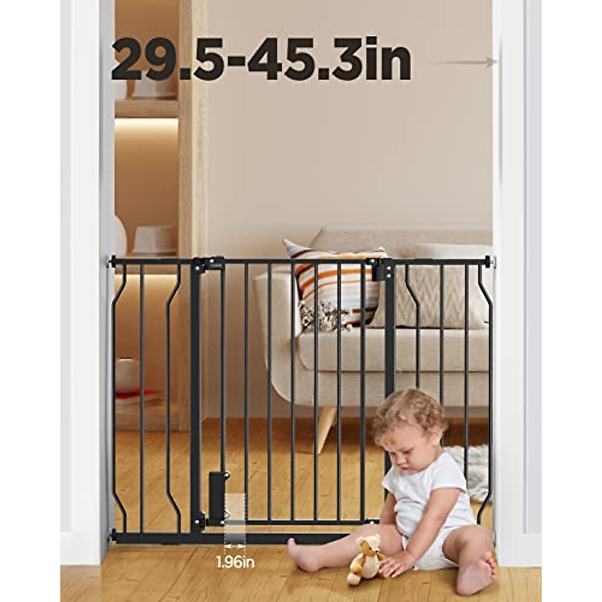 Ciays Baby Gate 29.5” to 45.3”, 30-in Height Extra Wide Dog Gate for Stairs, Doorways and House, Auto-Close Safety Metal Pet Gate for Dogs with Alarm, Pressure Mounted, Black