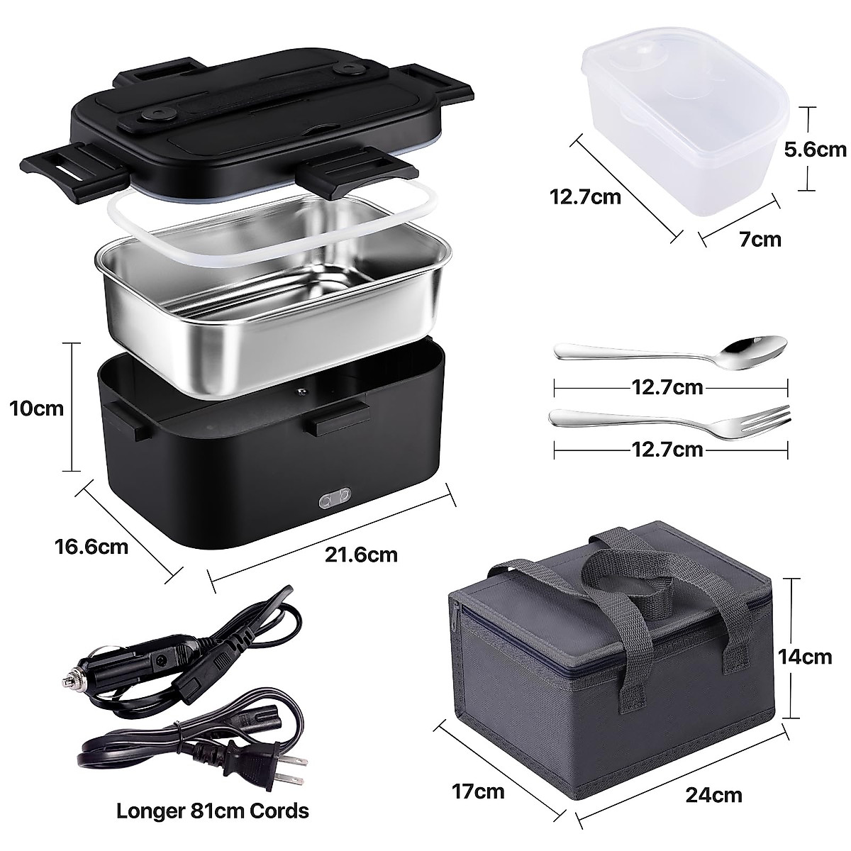 Nifogo Electric Lunch Box Food Heater 75W Portable Heated Lunch Box for Adults 3 in 1 Portable Food Warmer 110V/12V/24V, with 1,8L Removable Stainless Steel Container & Bag(Black)