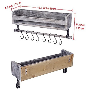 Satauko Wooden Floating Shelves with 8 Hooks for Kitchen Spice Rack, Wall Mounted Shelf with Towel Bar for Bathroom Organizer, Wall Hanging Book Shelves for Nursery Storage.(Grey)