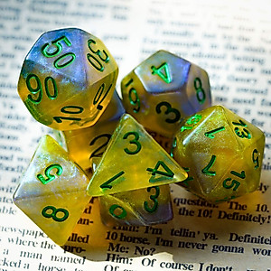 Cusdie 7-Die Resin DND Dice, Polyhedral Dice Set, for Role Playing Game Dungeons and Dragons D&D Dice MTG Pathfinder (Yellow/Blue Green Numbers)