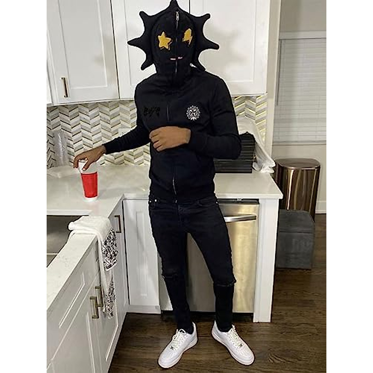 Sunwittafy Y2k Hoodie Men Women Black Rhinestone Full Zip Up Hoodie Over Face Oversized Sweatshirt Trendy Streetwear