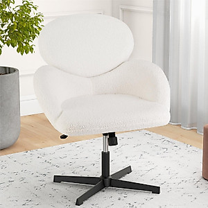 Giantex Criss Cross Chair, Faux Fur Cross Legged Desk Chair No Wheels w/Arms, Height Adjustable Upholstered Vanity Chair, Swivel Accent Chair for Living Room, Home Office, Bedroom, Make Up, White