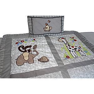 BabyFad Jungle Grey with Elephant, Giraffe, Zebra and Turtle with Musical Mobile Nursery for Boys and Girls, 9 Piece Baby Crib Bedding Set 100% Cotton