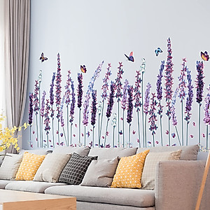 RW-1028 3D Flowers Wall Decals Purple Lavender Wall Stickers Flower Plant Butterfly Decoration DIY Removable Garden Lavender Floral Wall Art Decor for Kids Girls Bedroom Living Room Nursery Office