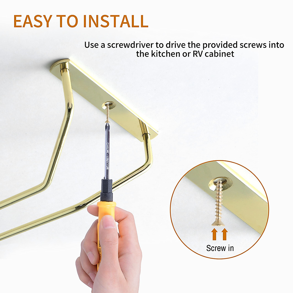 MATILODI 2 Pack 13.8-Inch Long Single Rail Metal Wine Glass Rack - Under Cabinet Gold Stemware Wine Glass Holder with Gold Screw - Metal Wire Wine Glass Hanger for RV Cabinet Kitchen Bar (Gold,2)