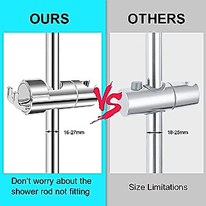 OSDUE Shower Head Holder, 16-27mm Slider Bar Adjustable Shower Head Holder for Slide Bar Slider Clamp Bathroom Replacement, 360 Degree Rotating Sprayer Holder with 2 Hooks, Chrome Finish - Silver