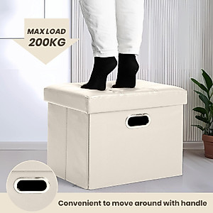 COSYLAND Storage Ottoman Foot Rest - 17x13x13in Leather Ottoman Rectangle Foot Stool Folding Ottoman for Room Dorm Small Collapsible Bench Seat Organizer Entryway Furniture with Handles Lid Beige
