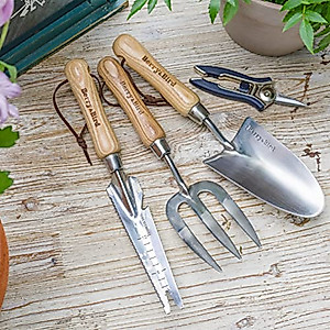 Berry&Bird Garden Tool Set, 4 PCS Stainless Steel Heavy Duty Gardening Tool Kit Includes Hand Trowel, 5 in 1 Shovel, Pruning Shears and Hand Fork with Ash Wood Handle for Weeding Transplanting Digging