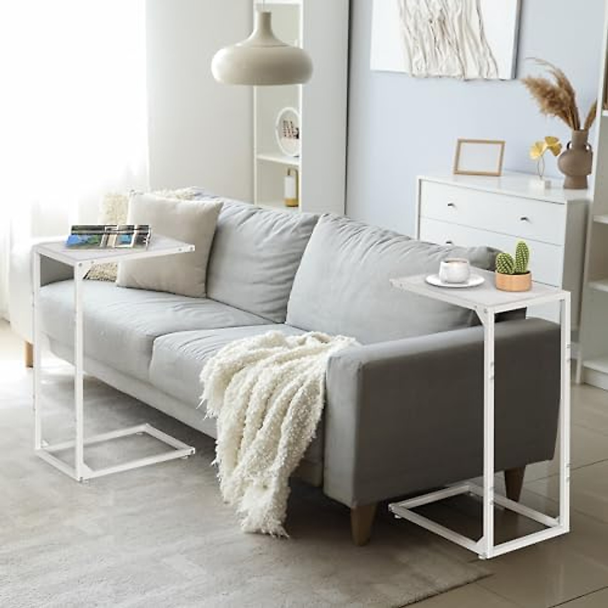 melos C Shaped End Table, Snack Side Table, C Tables for Couch, Couch Tables That Slide Under, for Living Room, Bedroom, White