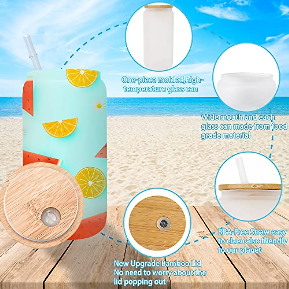 ZONEGRACE 4 Pack Frosted Sublimation Glass Blanks With Bamboo Lid,16 OZ Sublimation Beer Can Glass Cups,Drinking Glasses Jars Mugs Tumblers With Straw,Ideal for Whiskey,Iced Coffee,Juice,Soda,Water