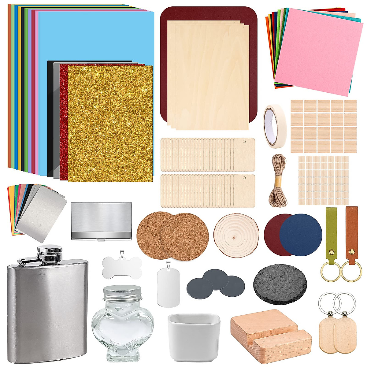 Csyidio 220PCS Engraving Material Box, DIY Materials Apply to All Laser Engravers with Instructions, Laser Engraving Supplies Including Acrylic Sheet, Metal Materials, Wood Materials