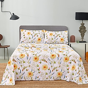 JSD Yellow Floral Printed Sheet Set Queen Size, 4 Piece Soft Botanical Spring Microfiber Bed Sheets Deep Pocket
