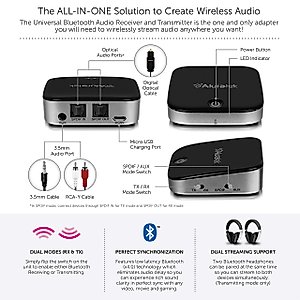 Aluratek ADB1B Bluetooth Audio Receiver and Transmitter, 2-in-1 Wireless 3.5mm, AUX, Optical Audio Adapter, Pairing with 2 Bluetooth Headphones Simultaneously in Transmitter Mode, Small