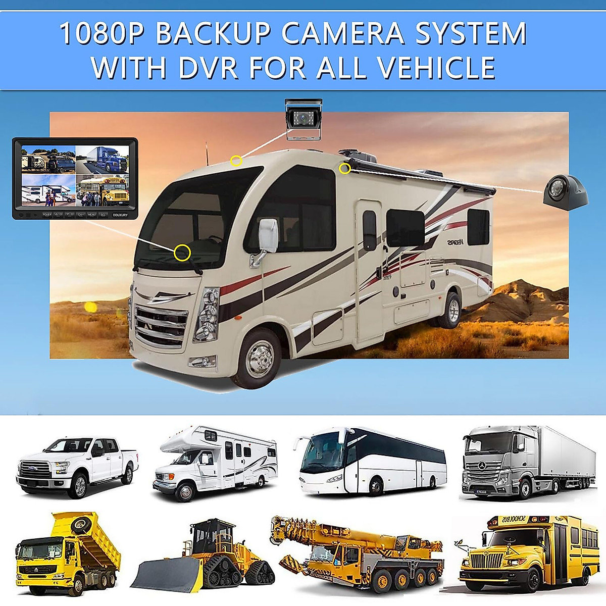 RV Backup Camera System with 7'' Quad Split 1080P Monitor for Truck Trailer Semi Camper Bus & 4 AHD Rear Side View Camera with DVR Record Function IP69 Waterproof Night Vision Avoid Blind Spot DOUXURY
