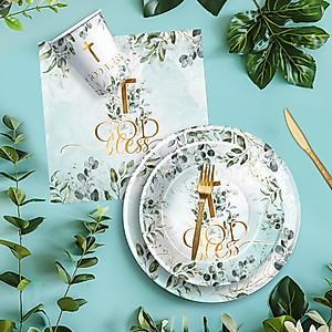 Suhelkit First Communion Decorations Tableware Boy - God Bless Baptism Plate, Cup, Napkin, Tablecloth, Cutlery, Mi Bautizo Eucalyptus Leaves Sage For Christening Baby Shower Religious Party | Serve 24