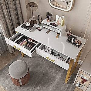 WESTREE Modern Makeup Vanity Desk with Glossy Desktop,Bedroom Home Office Writing Desk with Drawers, Storage Shelf, Gold Metal Frame for Dressing Table Without Mirror