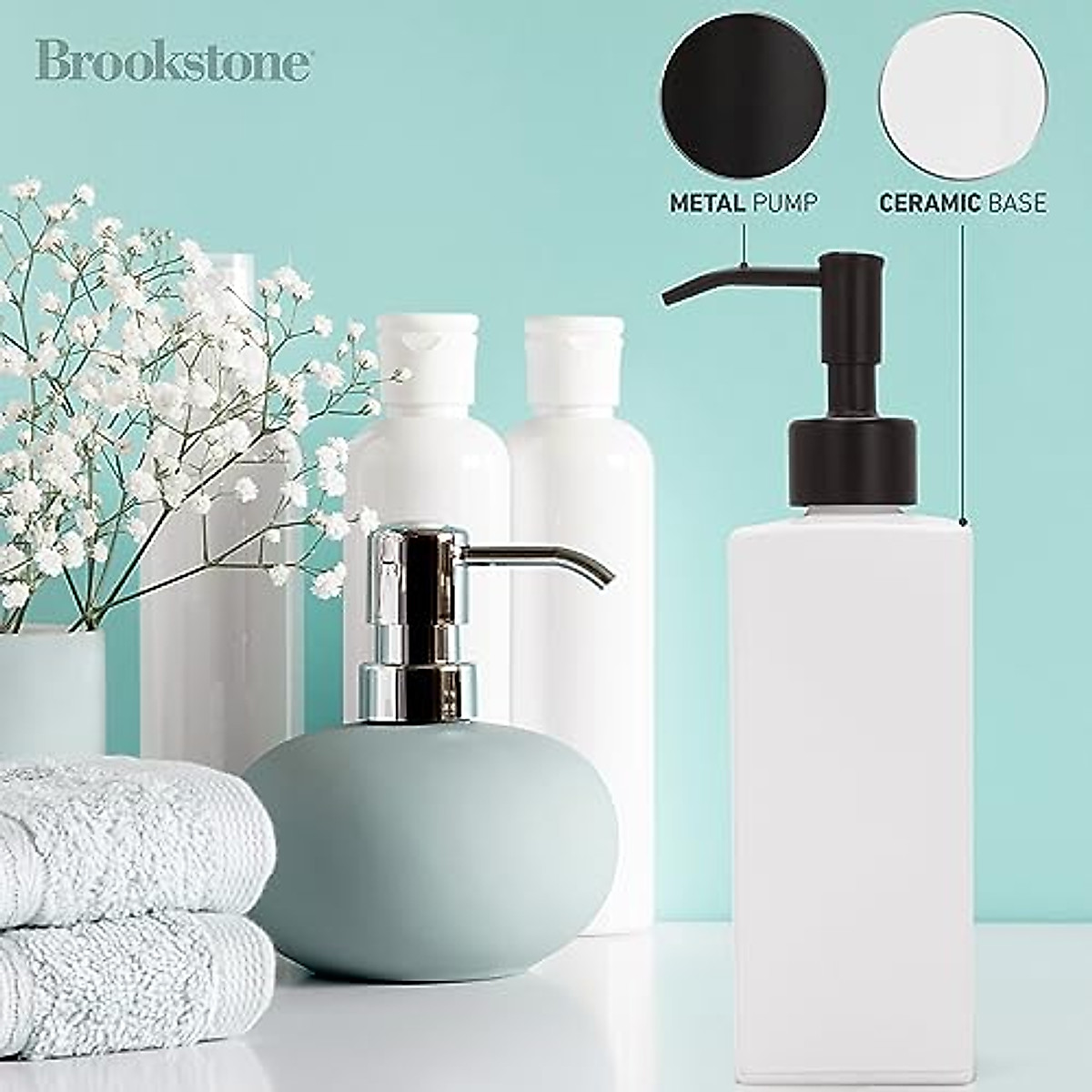 BROOKSTONE, Ceramic Soap Dispenser with Metallic Top - Stylish and Modern Liquid Hand Soap Holder for Bathroom or Kitchen, Square, White