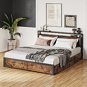 LIKIMIO Queen Bed Frame with Storage Drawer, 2-Tier Storage Headboard with Charging Station, No Box Spring Needed, Easy Assembly, Vintage Brown