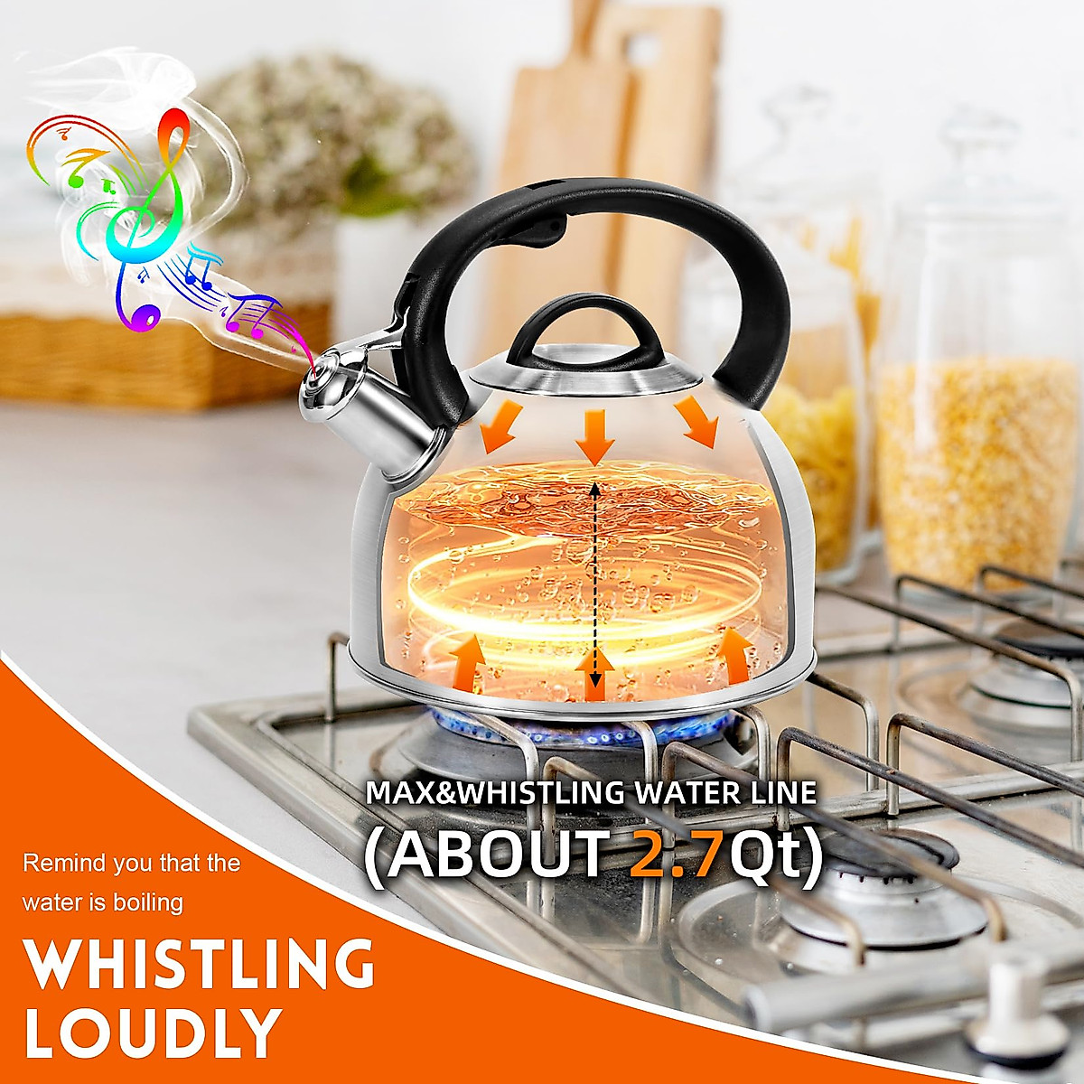 Foedo Whistling Stovetop Tea Kettle, 3.2Qt Food-Grade 304 Stainless Steel Teapot, Ergonomic Handle,Hot Water Quick Boil,All Metal Stove Kettle Rust Resistant and Durable,With Anti-Scald Towel(Silver)