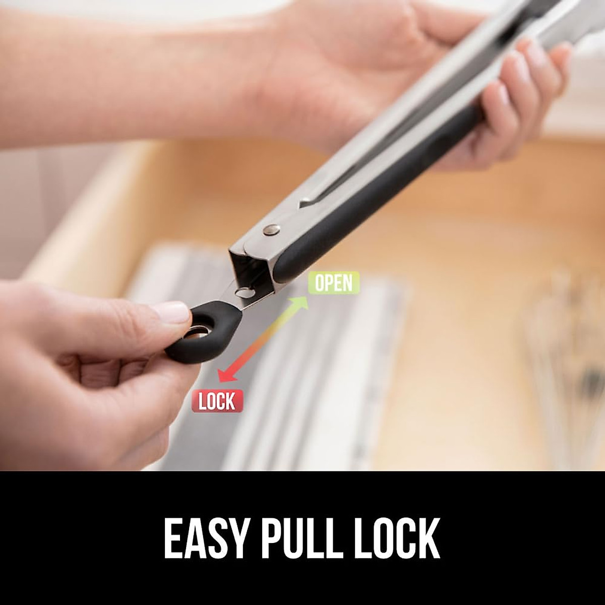 Gorilla Grip Stainless Steel Heat Resistant BBQ Kitchen Tongs Set of 2, Non Scratch Silicone Tip for Nonstick Cooking Pans, Strong Grip for Grabbing Hot Food, Air fryer, Pull Lock, 7 and 9 Inch, Black