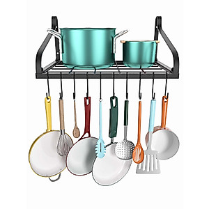 Pots and Pans Organizer - MUDEELA Hanging Pot Rack with 10 Hooks Wall Mounted Pot Pan Rack, Kitchen Wall Shelves for Cookware, 2 DIY Methods, Ideal for Pots Set, Utensils, Cookware