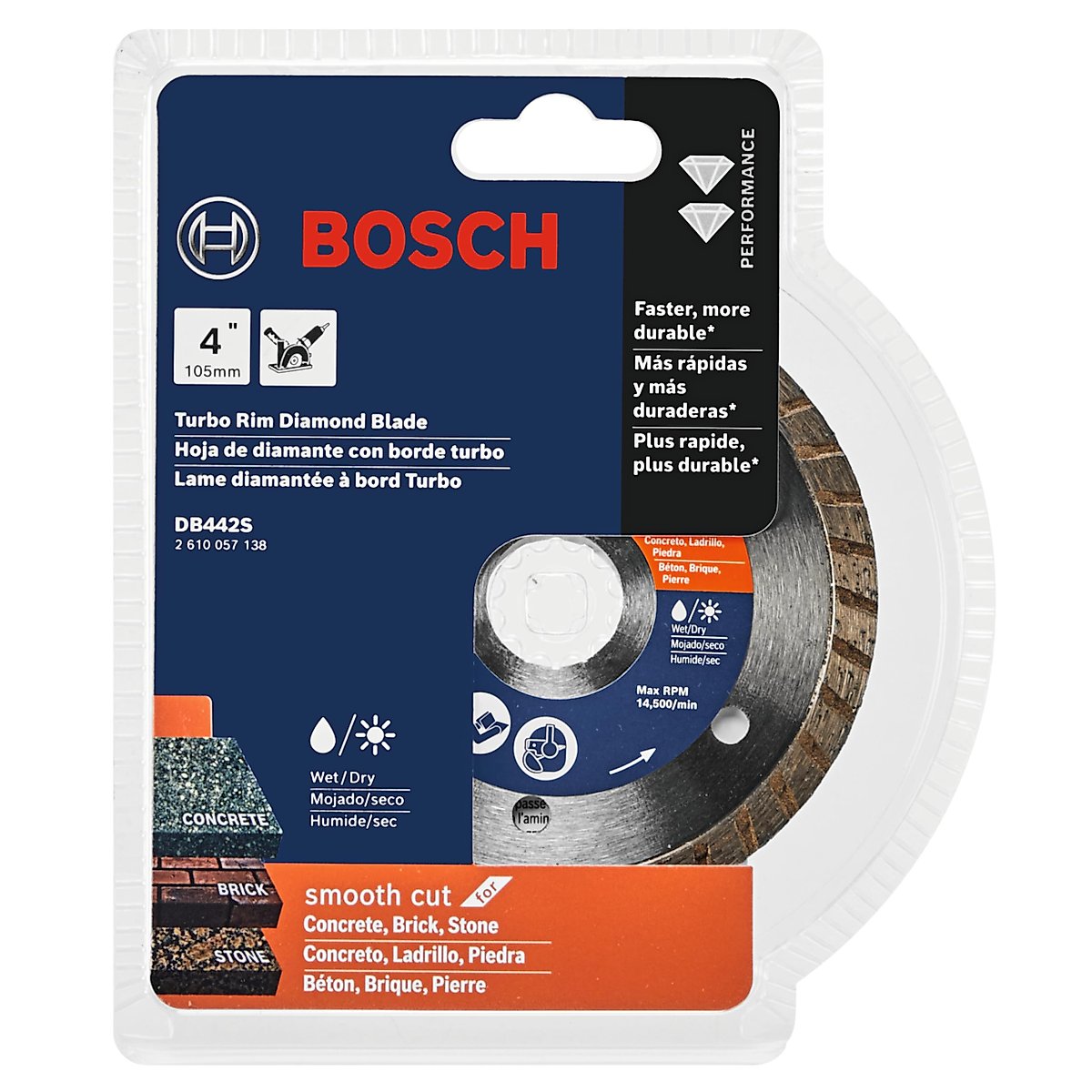 BOSCH DB442S 4 In. Standard Turbo Rim Diamond Blade with 5/8 In., 7/8 In. Arbor for Smooth Cut Wet/Dry Cutting Applications in Concrete, Brick, Stone, Masonry