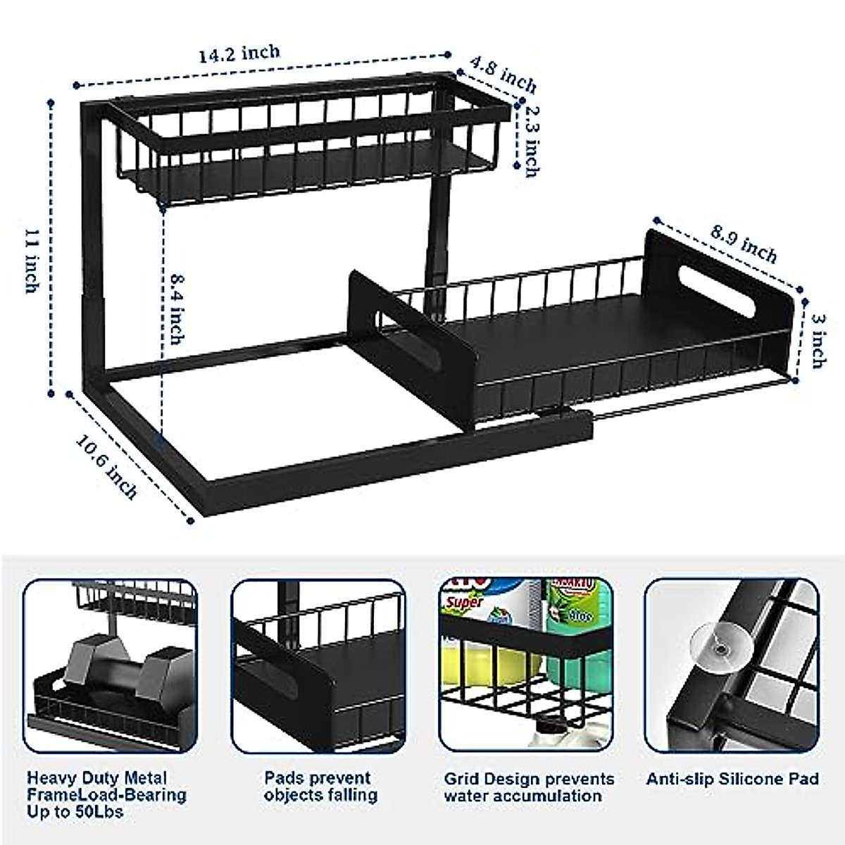 Webetop Under Sink Organizer Kitchen, 2 Pack Pull Out Cabinet Organizer 2 Tier Underneath Sink Organizers and Storage Shelves Slide Out Sink Shelf for Kitchen Bathroom Pantry Cabinet Home