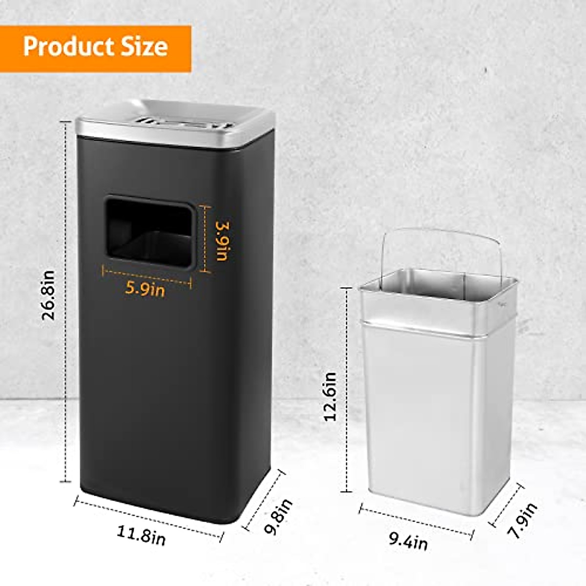 WICHEMI Commercial Outdoor Trash Can Stainless Steel Industrial Garbage Enclosure Metal Trash Can with Lid, Removable Inner Bucket Garbage Can for Home, Office, Elevator Entrance - 16 Liters