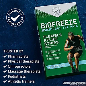 Biofreeze Pain Relief Flexible Strips Pre-Cut, 4Ct. Pain Relief for Sore Muscles, Arthritis, Backaches, Sore Joints, Sprains, Strains, and Bruises (Packaging May Vary)