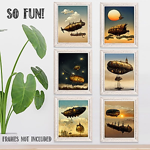 Steampunk Airships Art Prints - Set of Six Gallery Wall Photos (8x10) Unframed Print Poster - Science Fiction Home Decor and Gift For Aviation, Sailing, and Navigation Buffs