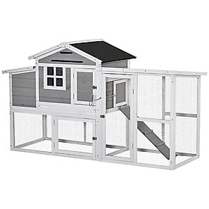 PawHut 76" Wooden Chicken Coop, Outdoor Chicken House Poultry Hen Cage with Outdoor Run, Nesting Box, Removable Tray and Lockable Doors, Grey