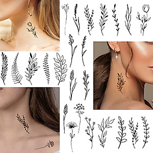 Cerlaza 75 Styles Tiny Black Flower Branch Temporary Tattoos For Women, 16 Sheets Realistic Wild Flower Floral Small Fake Tattoo, Wild Plant Tattoo Stickers for Adults Women Hands Legs Body Sticker