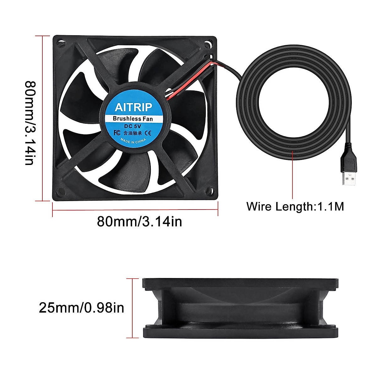 AITRIP 2PCS 80mm USB Fan 5V Brushless 8025 80x25mm for Cooling DIY PC Computer Case 3D Printer CPU Coolers Radiators
